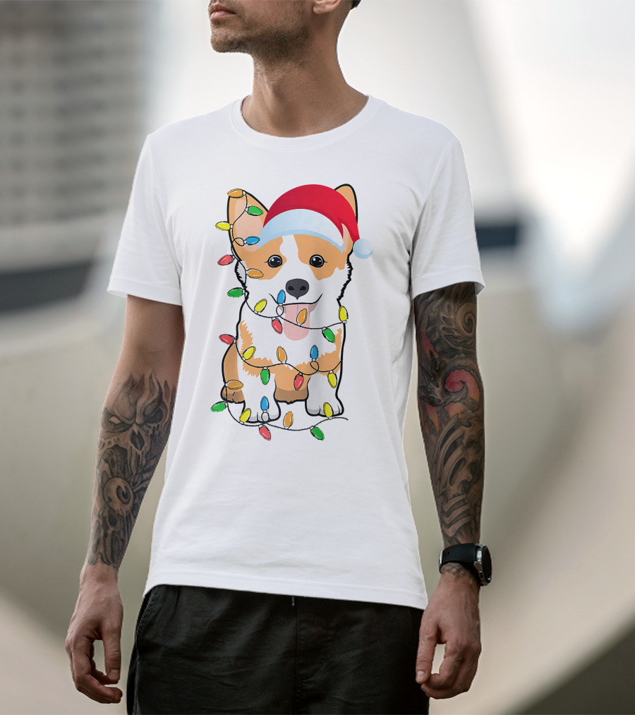 Christmas Corgi Funny Santa Hat Xmas Lights Raglan Baseball T-Shirt