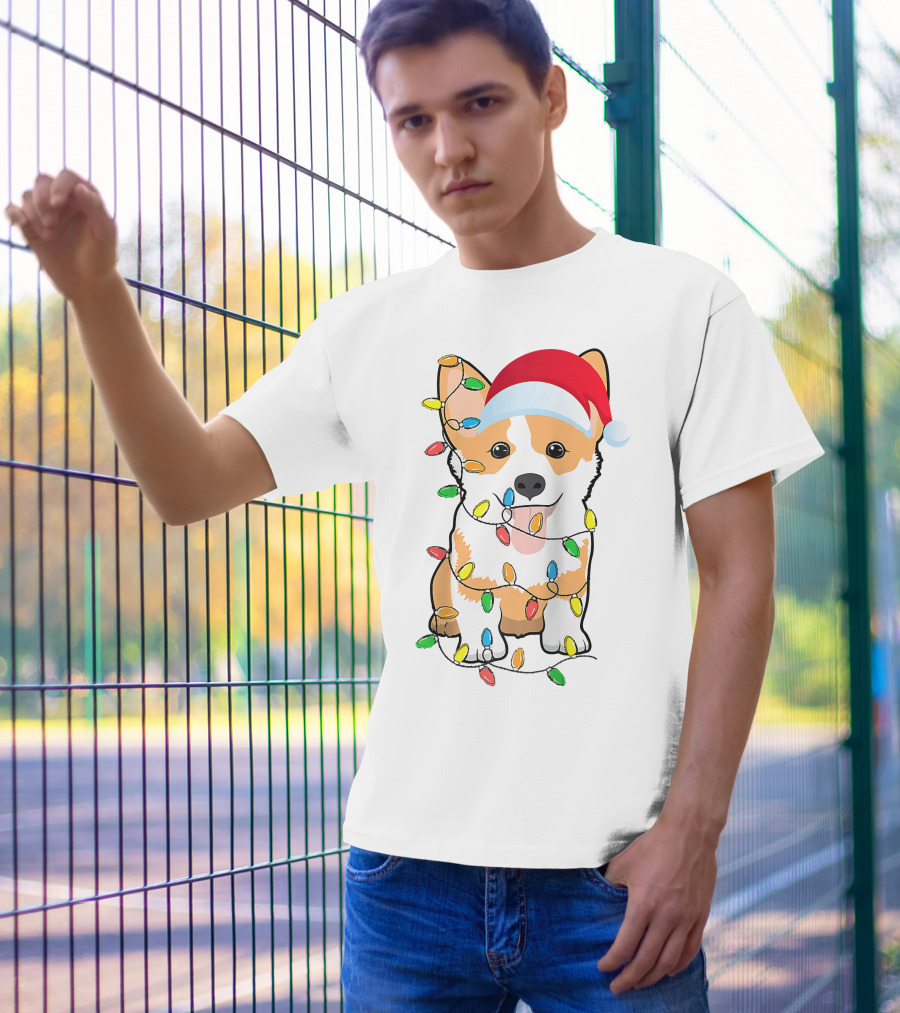 Christmas Corgi Funny Santa Hat Xmas Lights Raglan Baseball T-Shirt