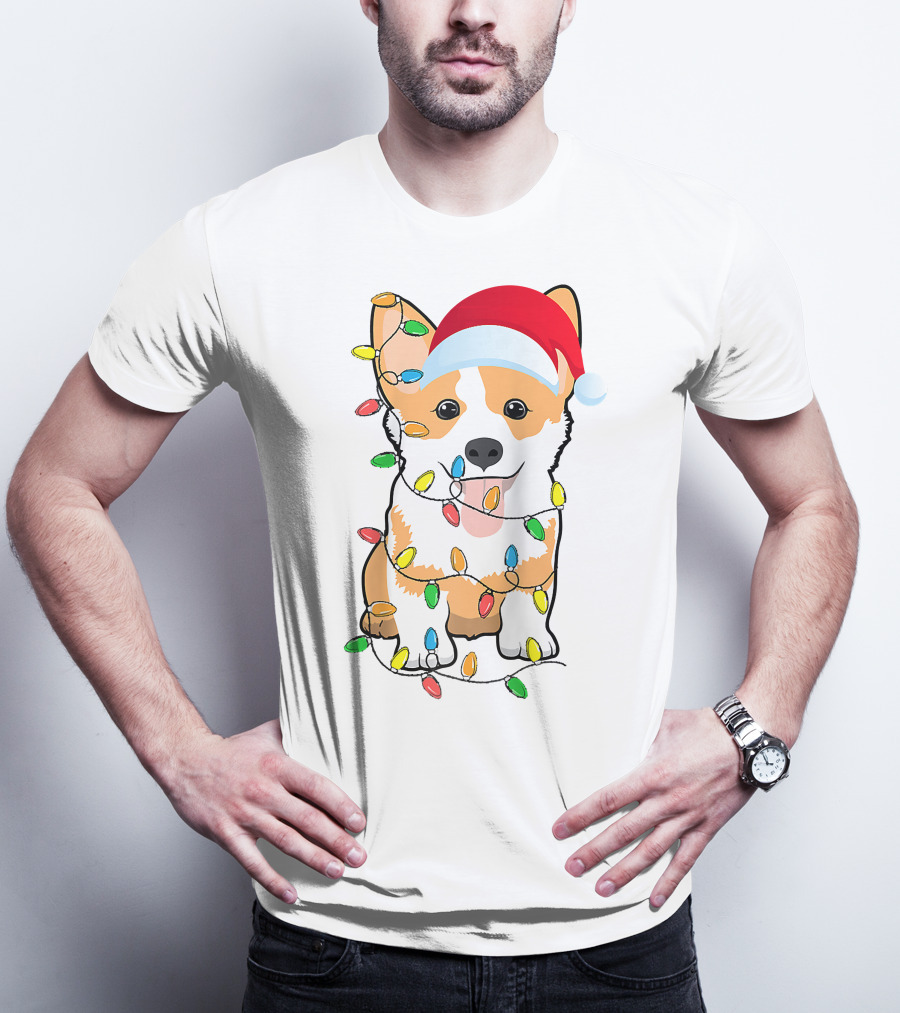 Christmas Corgi Funny Santa Hat Xmas Lights Raglan Baseball T-Shirt