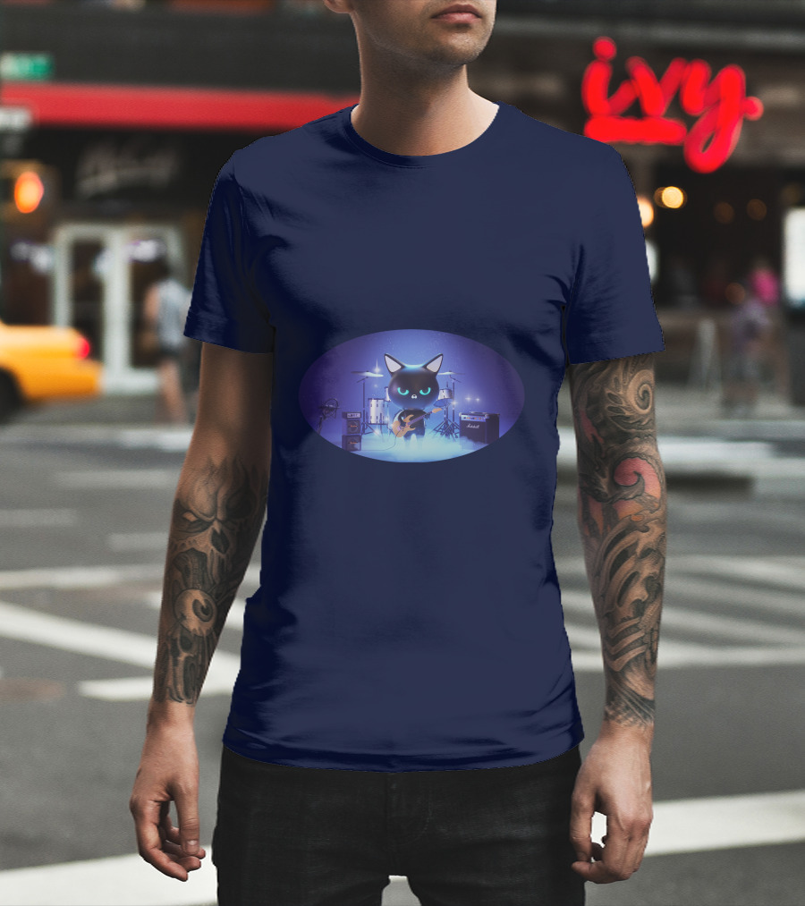 Cat Playing Guitar On Stage With Drums And Amps T-Shirt