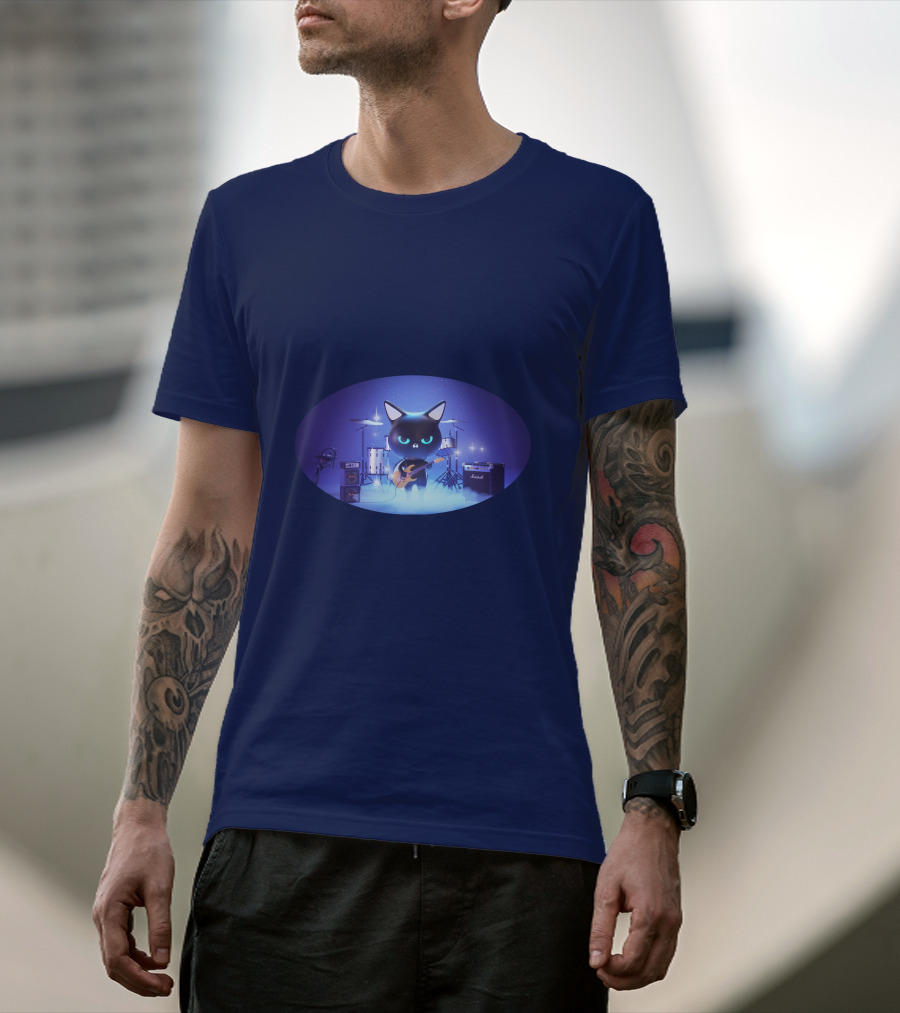 Cat Playing Guitar On Stage With Drums And Amps T-Shirt