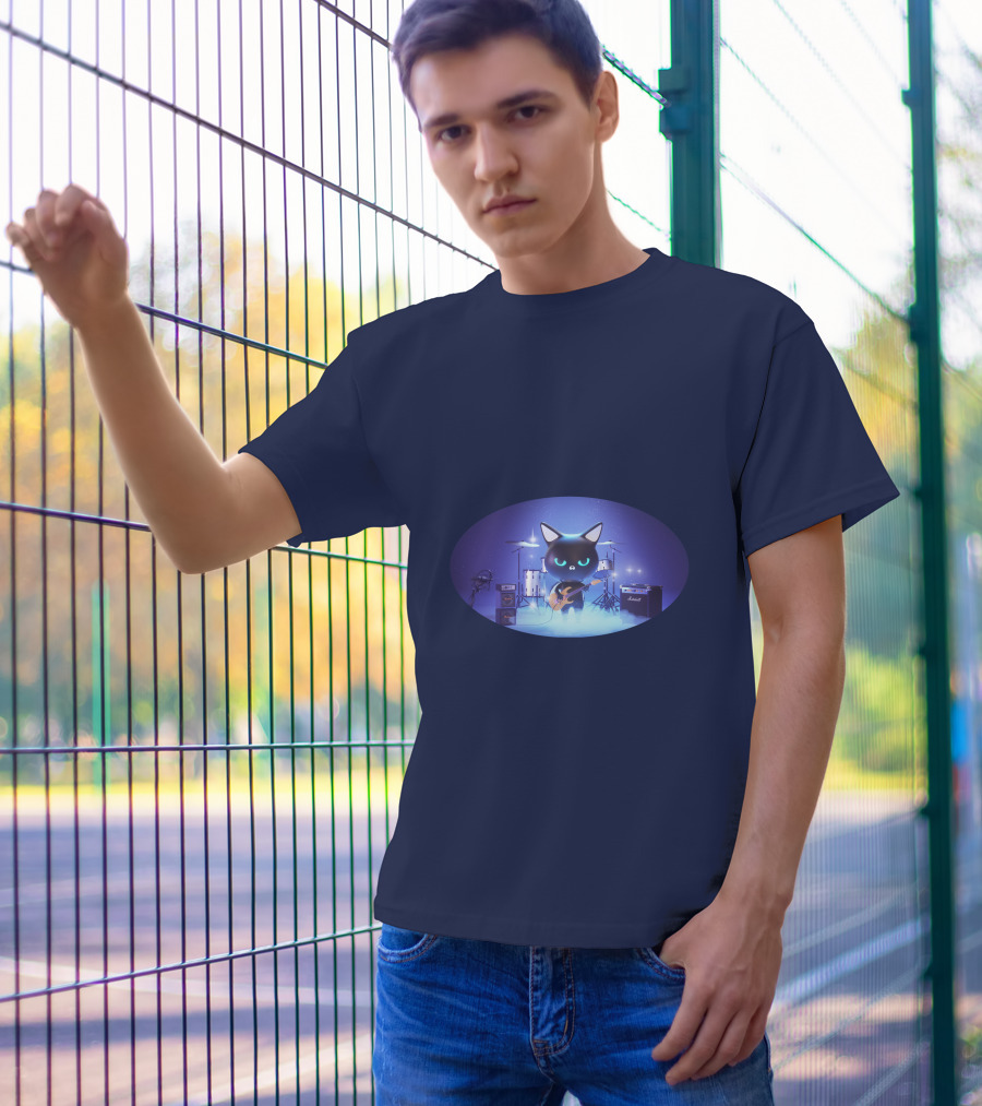 Cat Playing Guitar On Stage With Drums And Amps T-Shirt