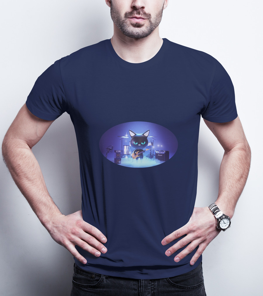 Cat Playing Guitar On Stage With Drums And Amps T-Shirt