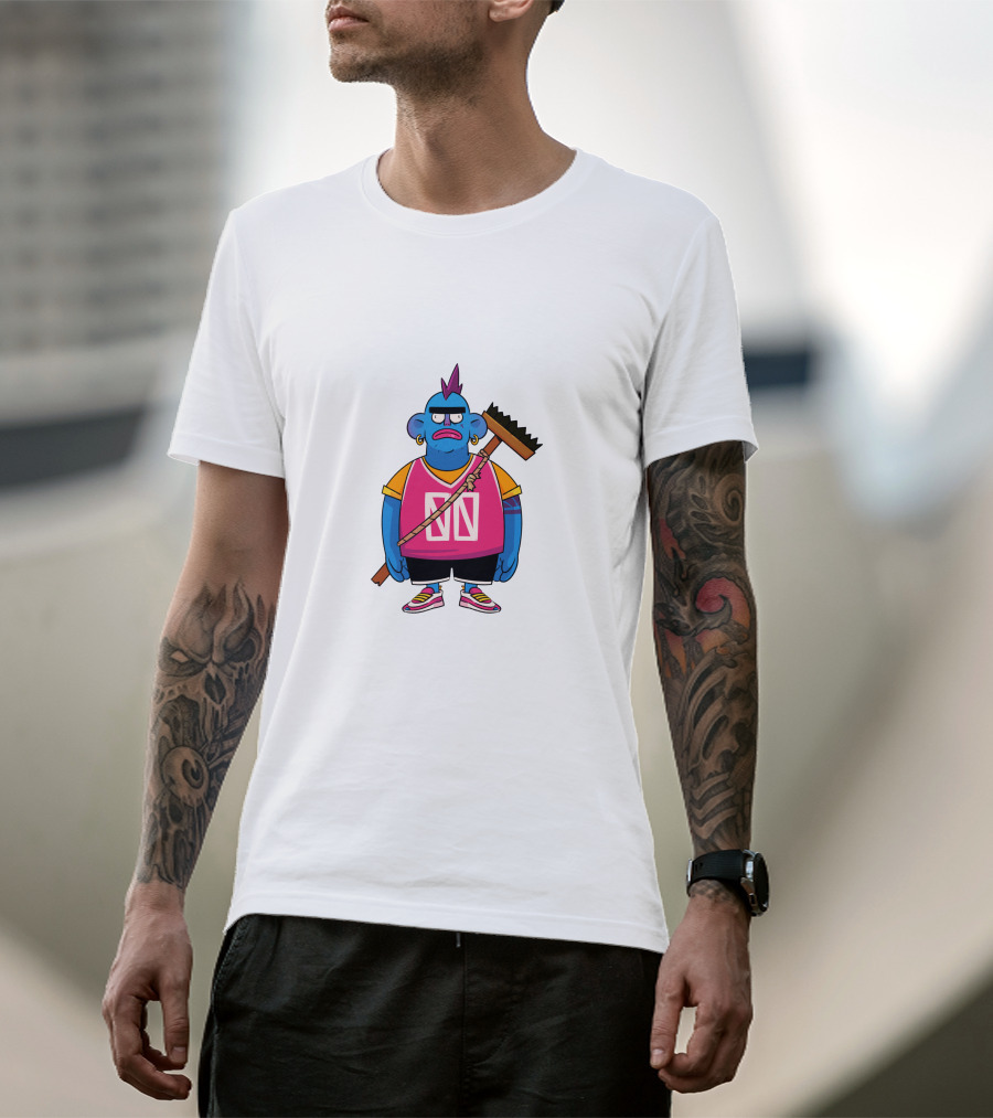 DA CREW Blue Cartoon Character With Broom And Purple Mohawk T-Shirt