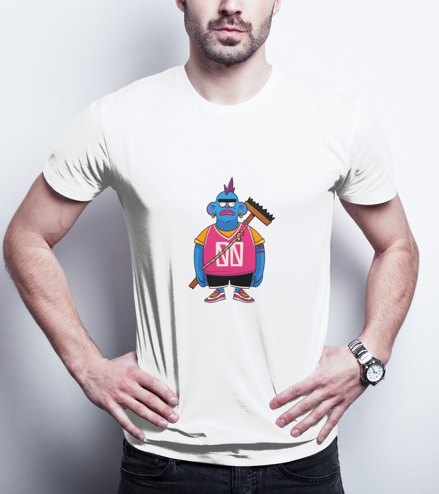 DA CREW Blue Cartoon Character With Broom And Purple Mohawk T-Shirt