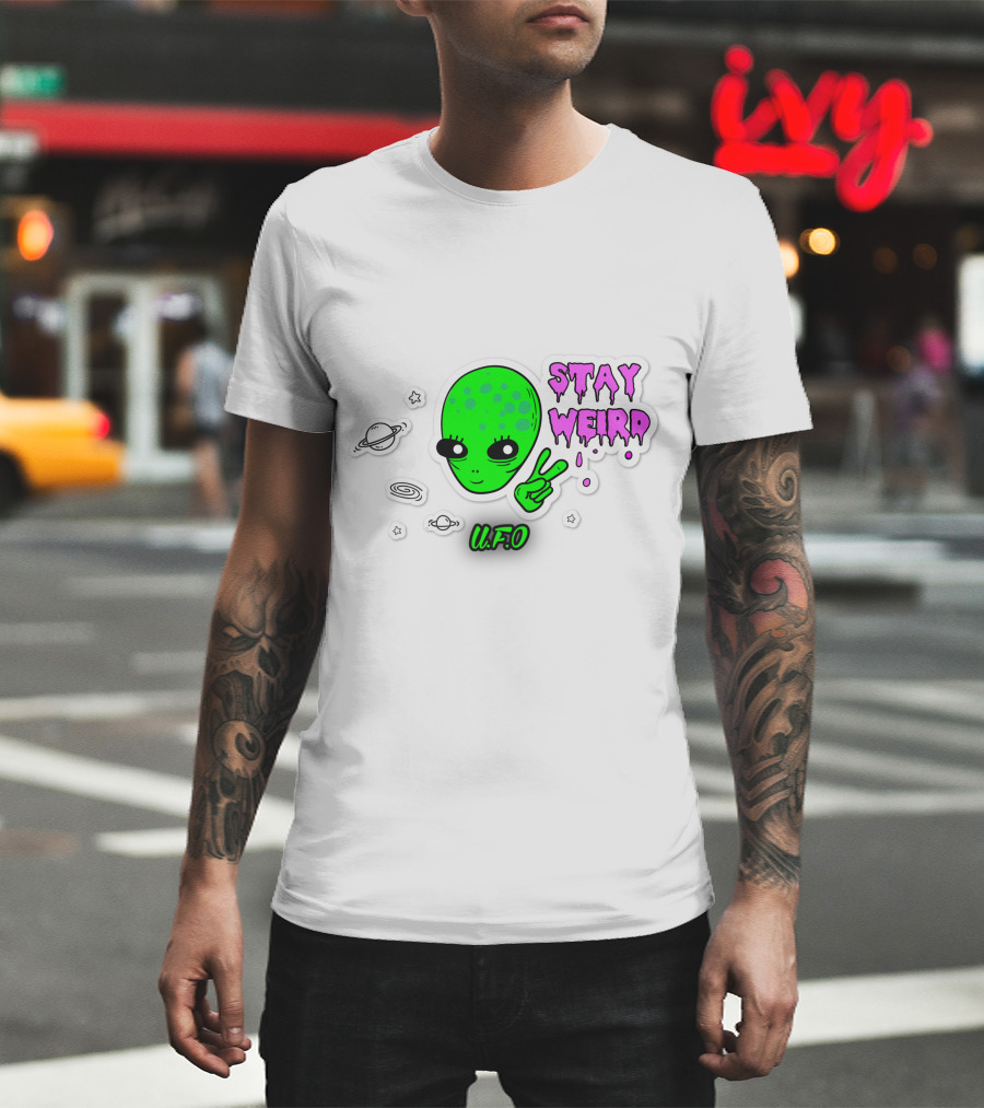 Stay Weird U.F.O. Alien Peace Sign Planet Stickers T-Shirt