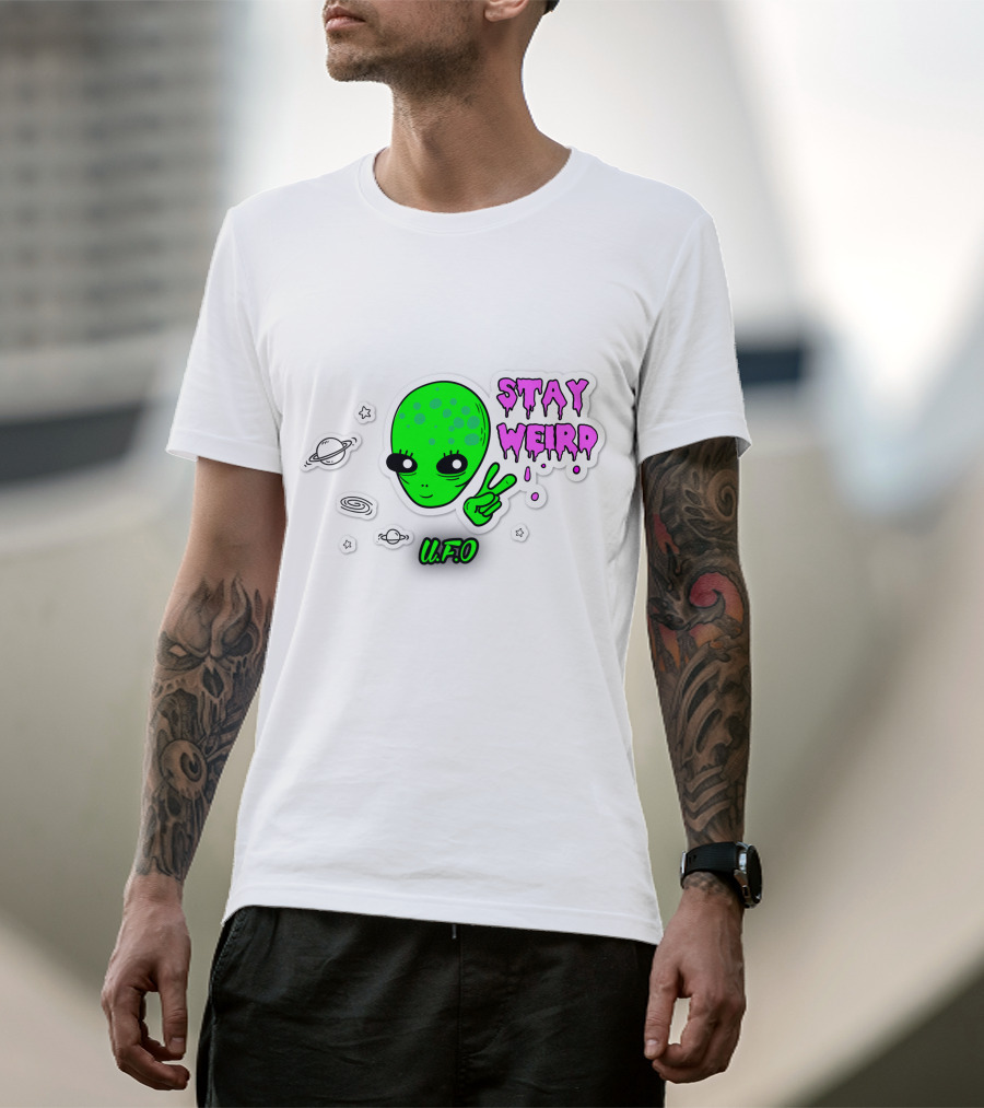 Stay Weird U.F.O. Alien Peace Sign Planet Stickers T-Shirt