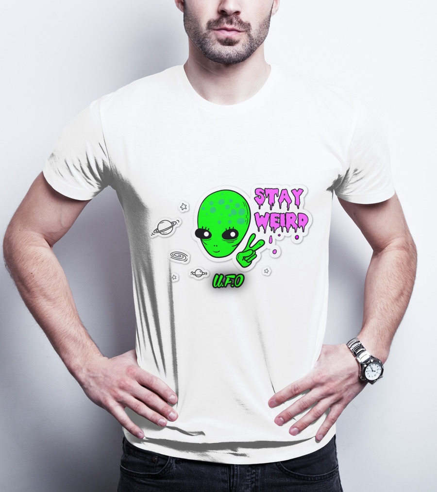 Stay Weird U.F.O. Alien Peace Sign Planet Stickers T-Shirt