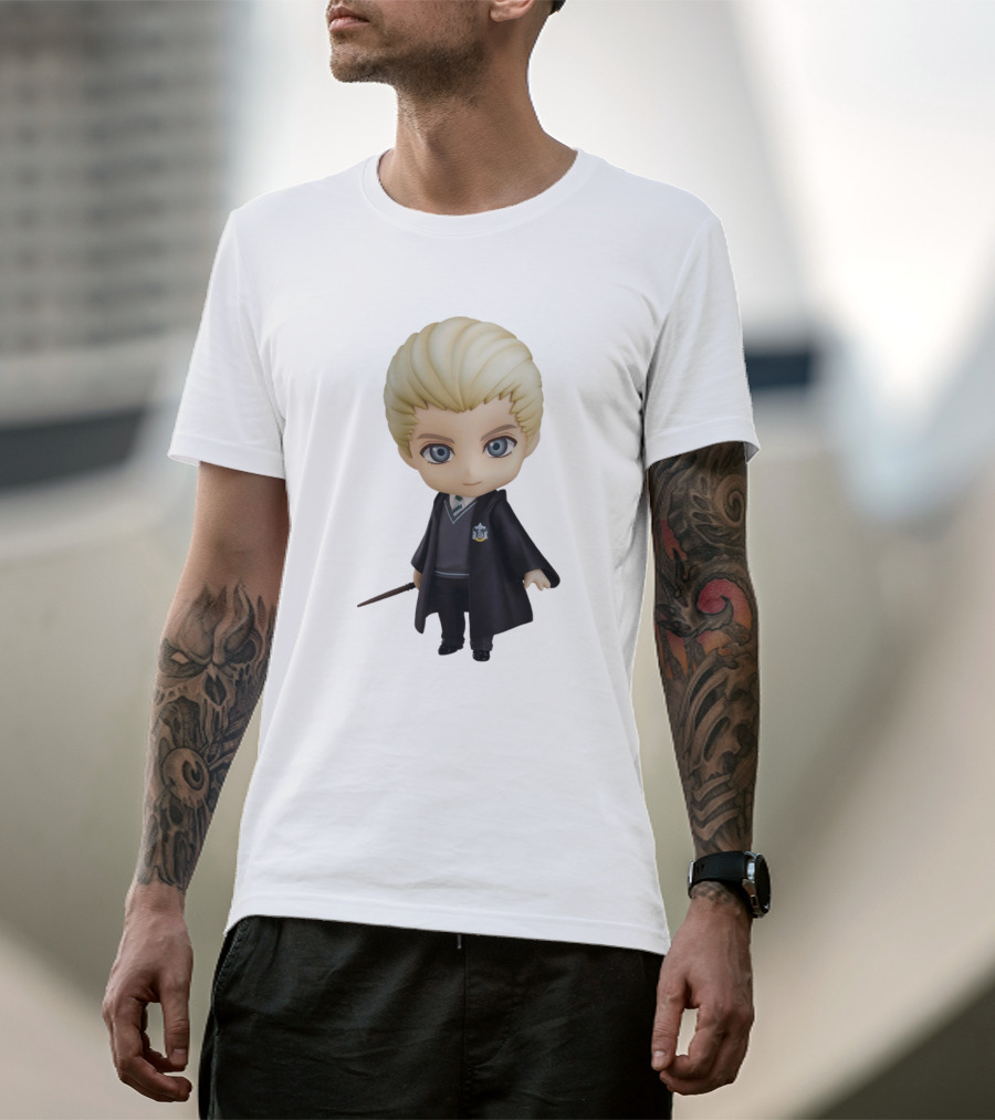 Draco Malfoy Chibi Character In Black Cloak Displaying Wand T-Shirt