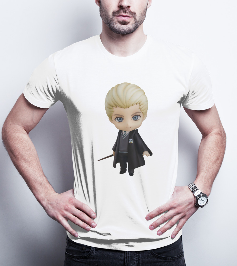 Draco Malfoy Chibi Character In Black Cloak Displaying Wand T-Shirt