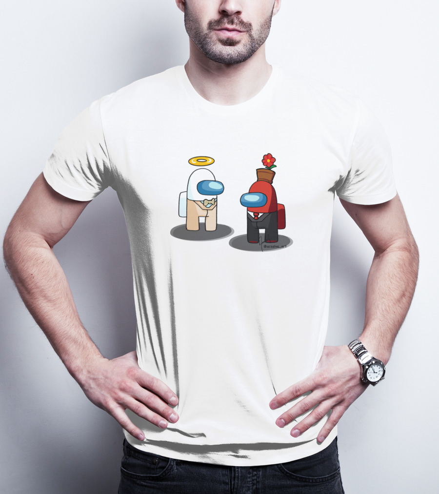 Among Us Ineffable Husbands Angel And Demon Characters In Suit And Bow Tie With Halo And Flowerpot Hat T-Shirt