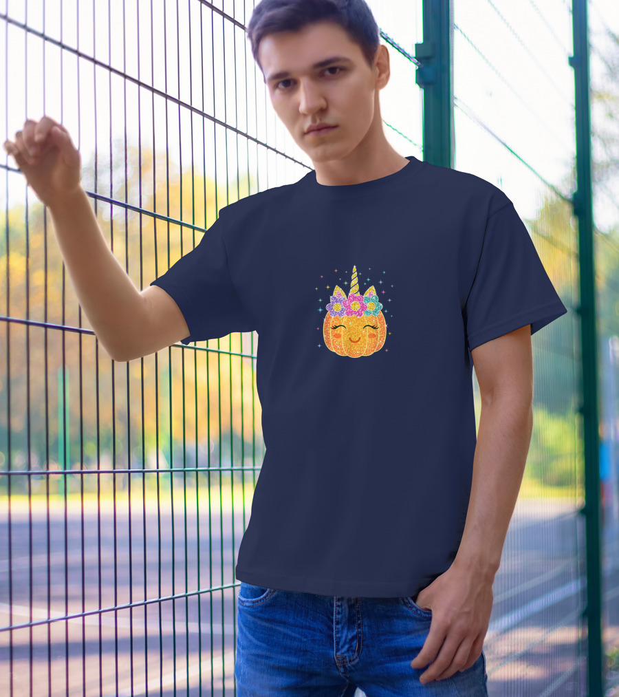 Cute Unicorn Pumpkin With Glittery Sparkling Flowers And Stars T-Shirt