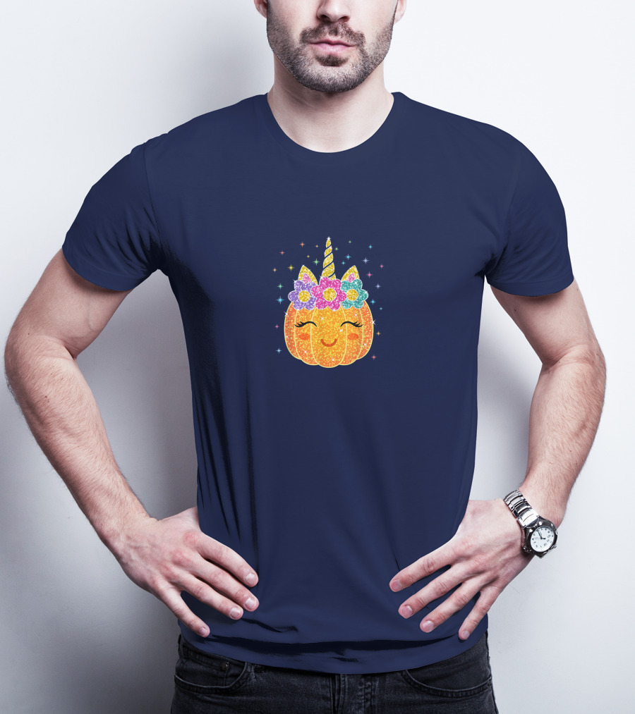 Cute Unicorn Pumpkin With Glittery Sparkling Flowers And Stars T-Shirt