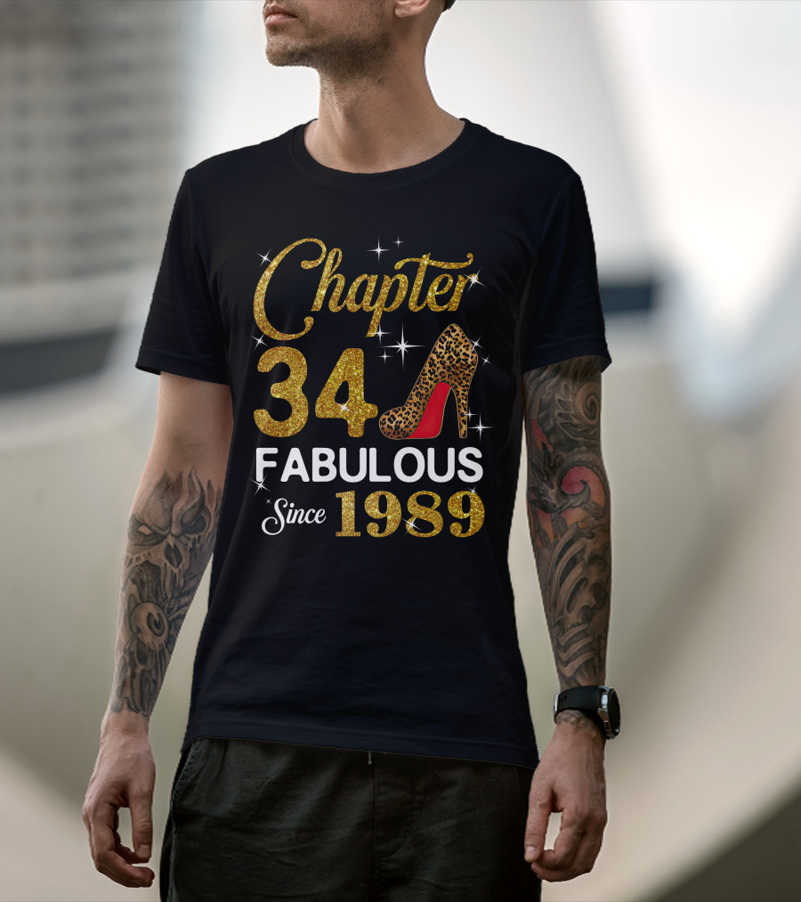 Chapter 34 Fabulous Since 1989 Golden Glitter Leopard Print Heel T-Shirt