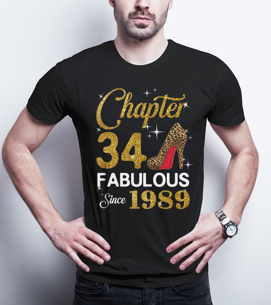 Chapter 34 Fabulous Since 1989 Golden Glitter Leopard Print Heel T-Shirt