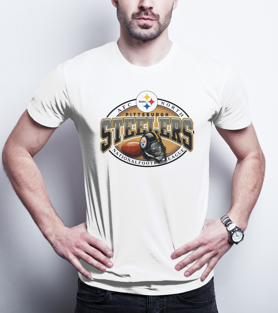 Pittsburgh Steelers AFC North National Football League Logo And Helmet With Football On Grey Background T-Shirt