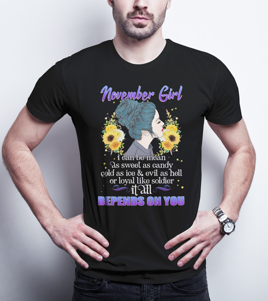 November Girl It All Depends On You Floral Profile Text T-Shirt