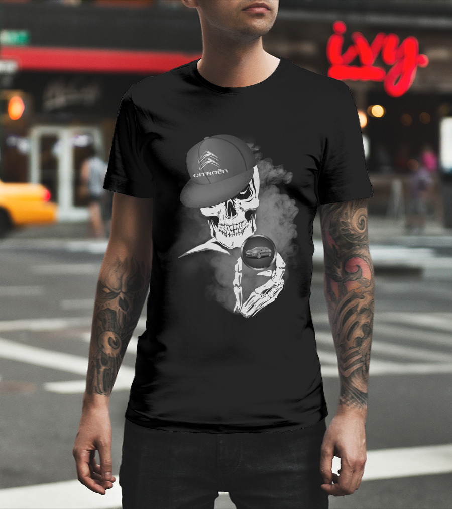 Citroen C Elysee Skull With Hat And Car Image In Smoke T-Shirt