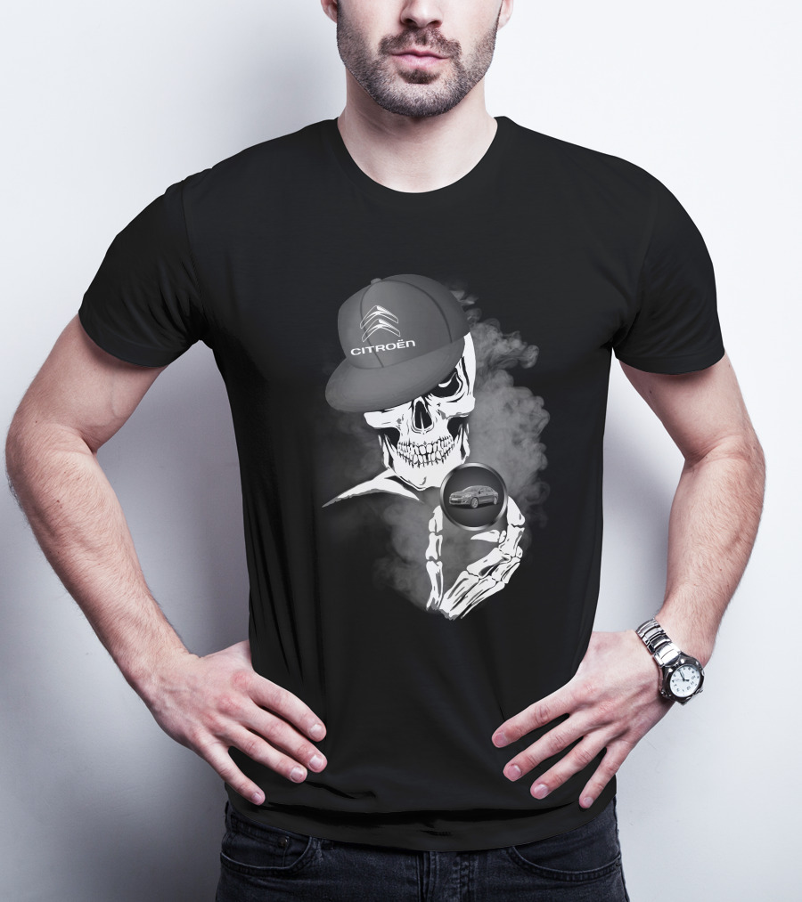 Citroen C Elysee Skull With Hat And Car Image In Smoke T-Shirt