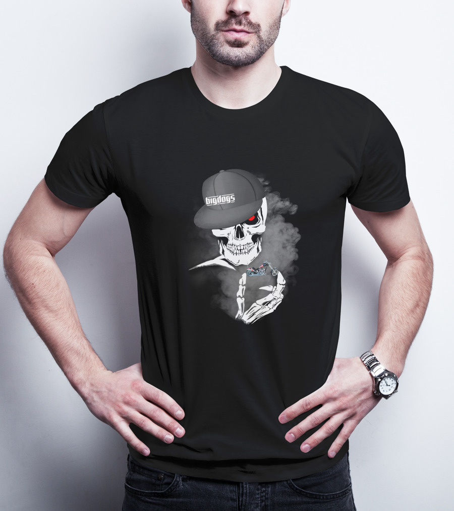 Big Dogs Motorcycle Riders Skull With Hat And Smoke Motif T-Shirt