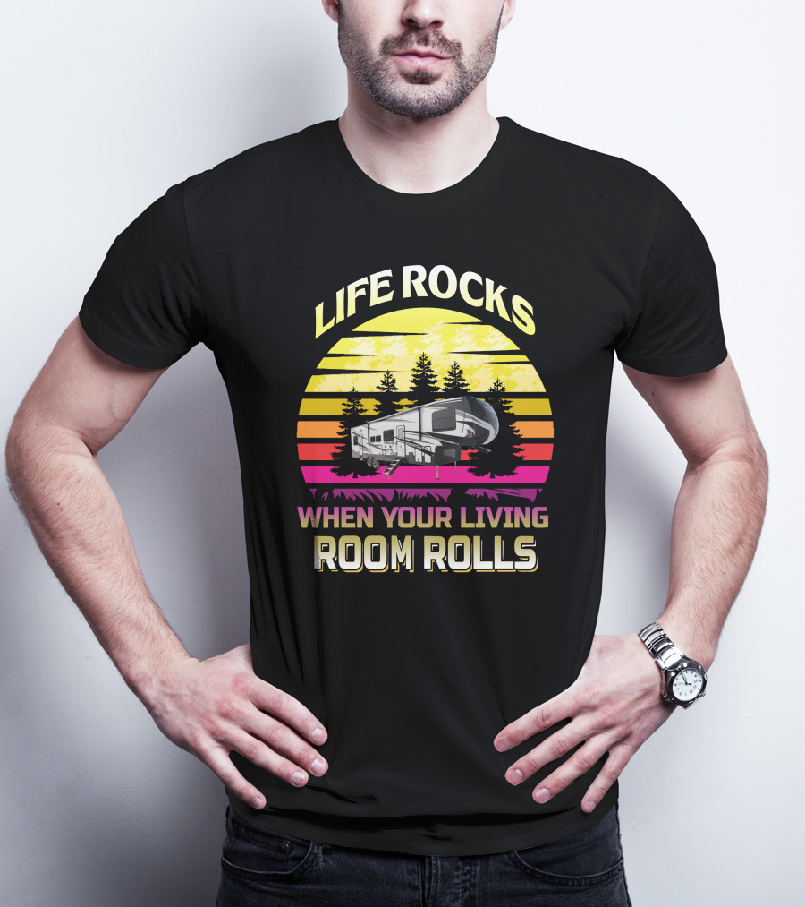 LIFE ROCKS WHEN YOUR LIVING ROOM ROLLS Heartland Torque 3 Sunset Camper Forest T-Shirt