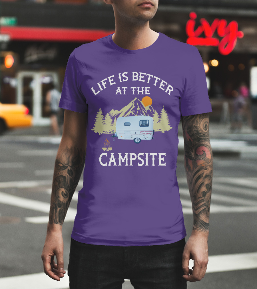 Life Is Better At The Campsite Scamp Small Travel Trailers Mountain Sunset T-Shirt