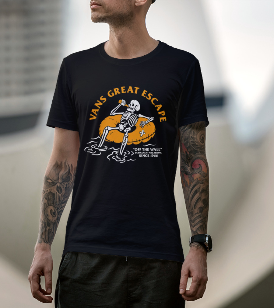 Vans Great Escape Off The Wall Permanent Vacations Since 1966 Skeleton On Inflatable Tube T-Shirt