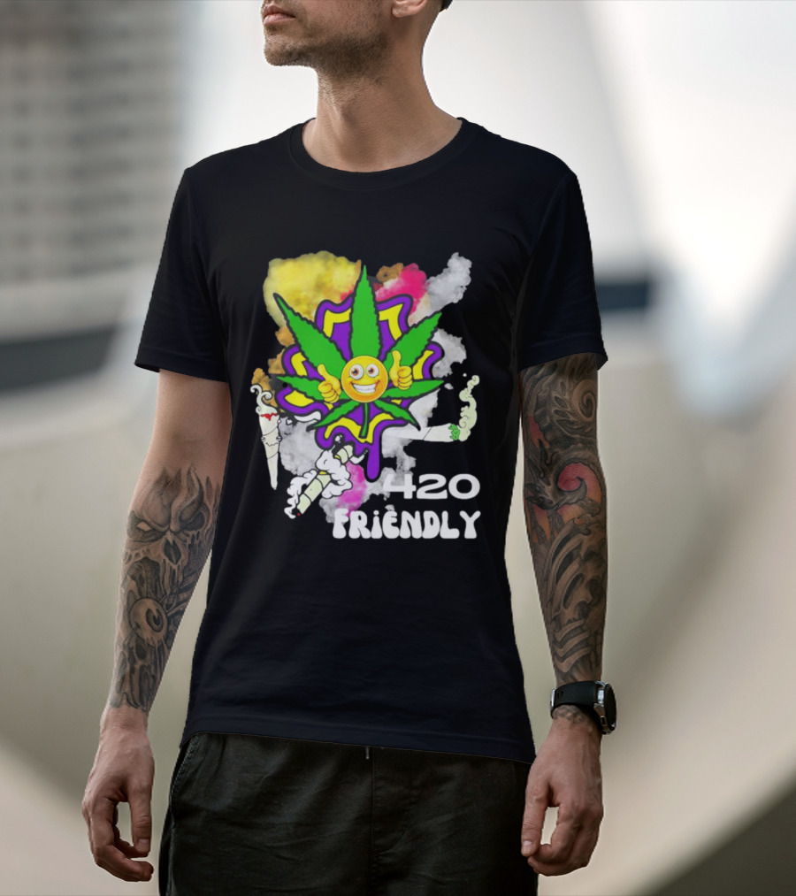 420 Friendly Happy Stoner Leaf With Smiley Face And Colorful Smoke T-Shirt