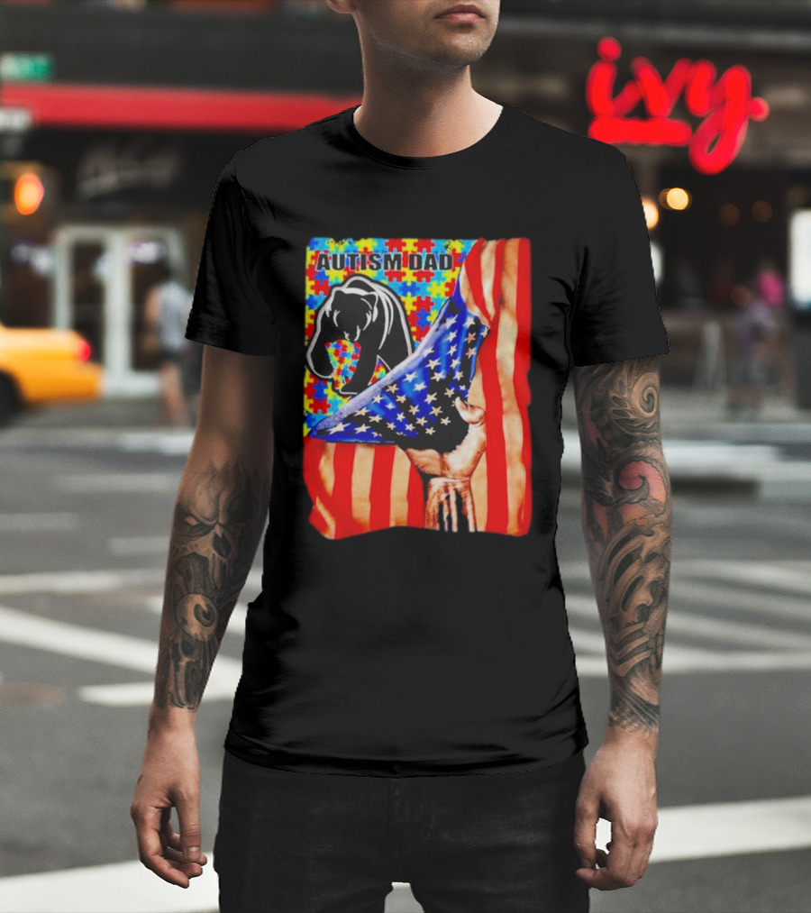 Autism Dad Bear USA Flag Puzzle Awareness T-Shirt
