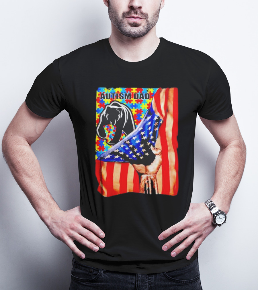 Autism Dad Bear USA Flag Puzzle Awareness T-Shirt