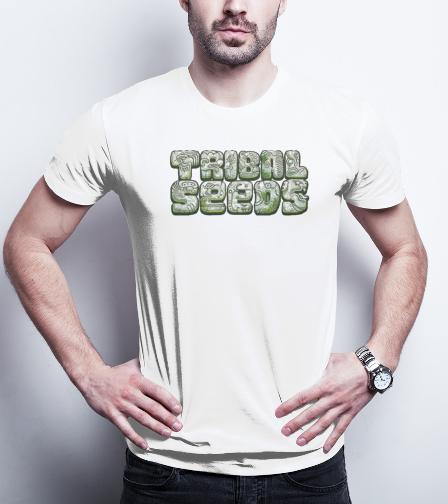 Green Tribal Seeds Cute Logo Textured Lettering T-Shirt