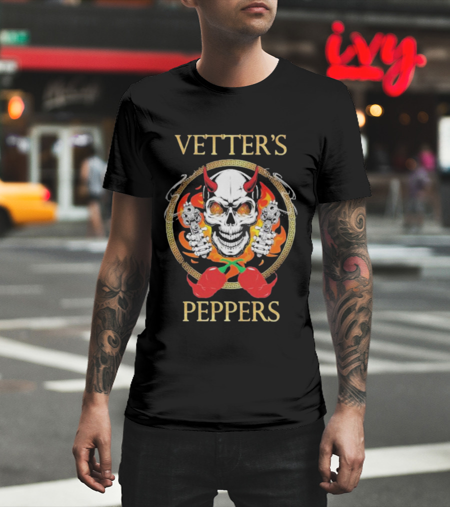 Vetter’s Peppers Skull With Red Horns And Dual Pistols Surrounded By Flames And Chili Peppers T-Shirt