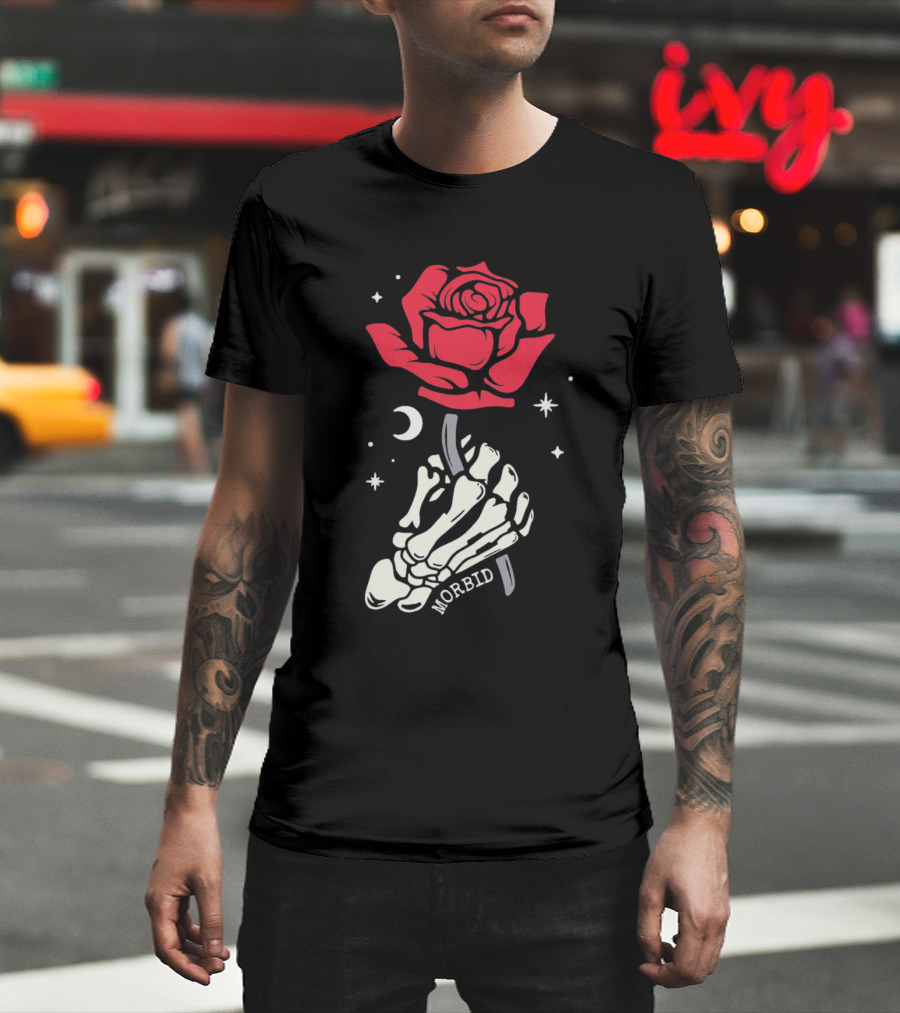 Morbid Skeleton Rose With Crescent Moon And Stars T-Shirt
