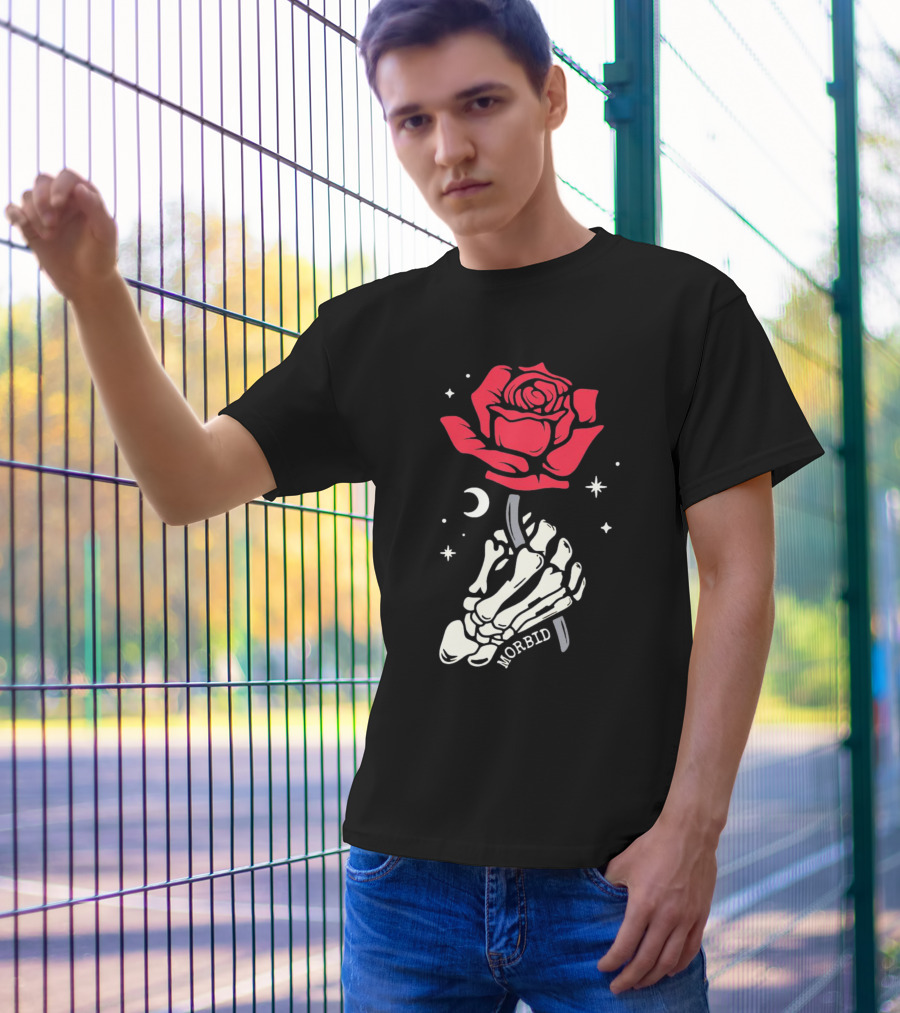 Morbid Skeleton Rose With Crescent Moon And Stars T-Shirt
