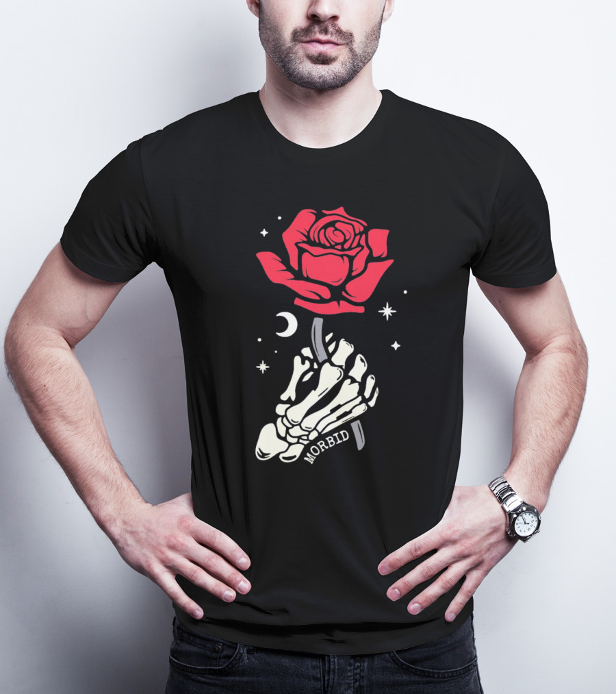Morbid Skeleton Rose With Crescent Moon And Stars T-Shirt