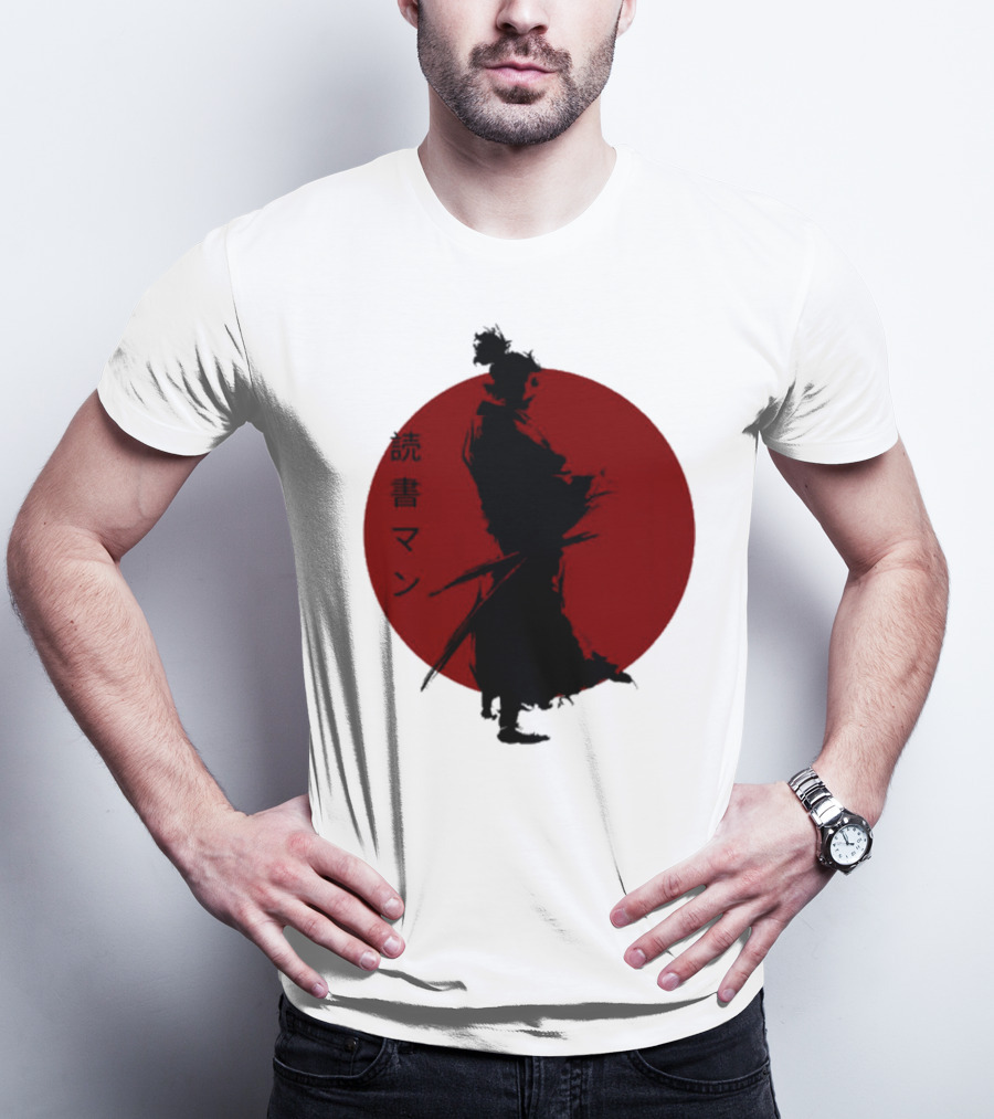 Miyamoto Musashi Samurai Silhouette Red Sun Kanji Reading Man T-Shirt