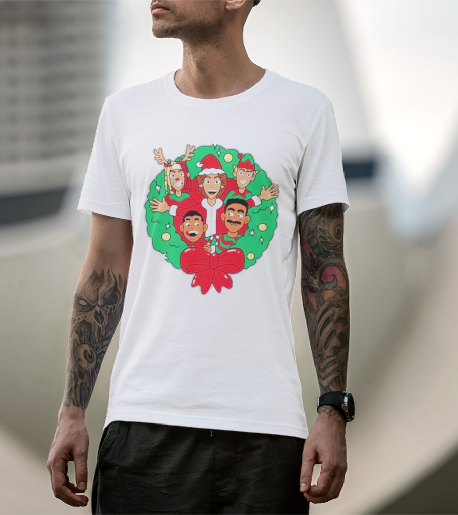 Baylen Levine Christmas Cartoon Characters In Holiday Wreath With Bow And Santa Hat T-Shirt
