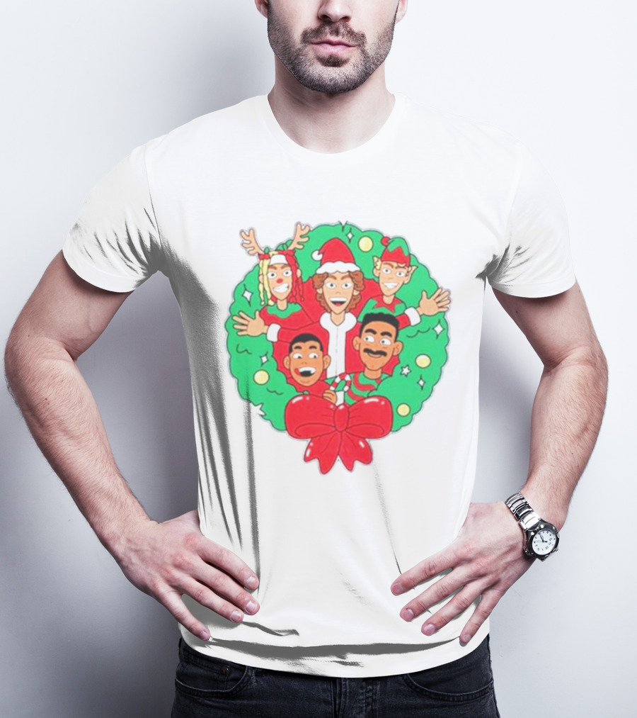 Baylen Levine Christmas Cartoon Characters In Holiday Wreath With Bow And Santa Hat T-Shirt