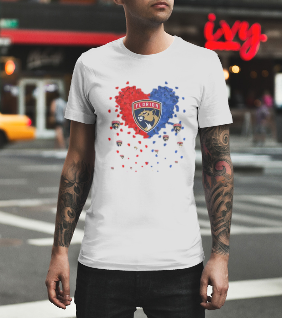 Florida Panthers Heart Logo Red Blue Paws T-Shirt