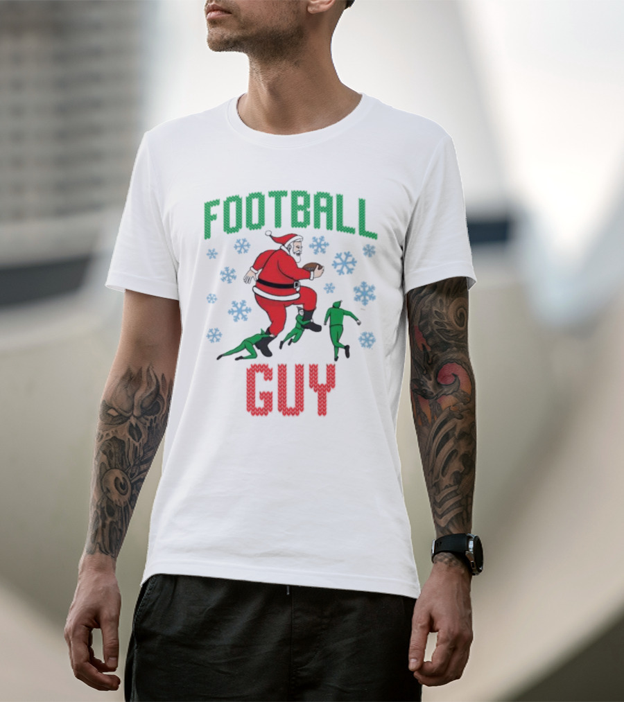 FOOTBALL GUY Santa Running With Football And Snowflakes T-Shirt