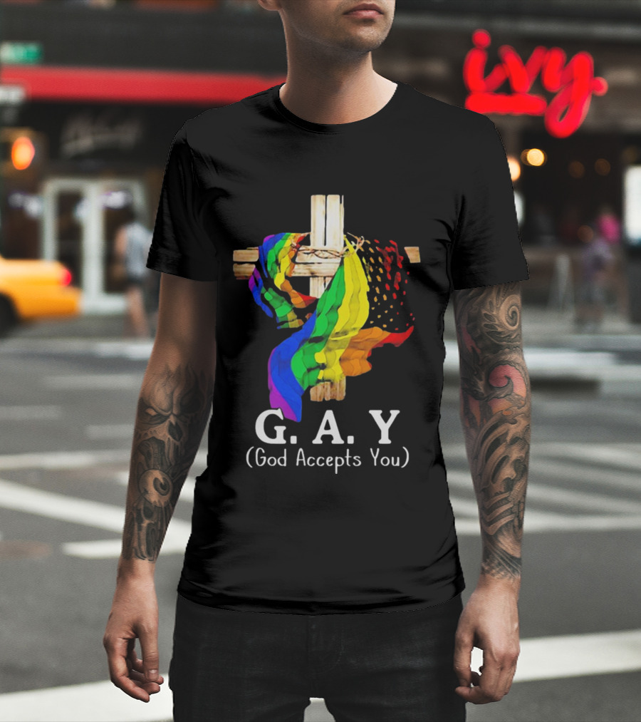 GAY Pride Cross God Accepts You Rainbow Flag T-Shirt