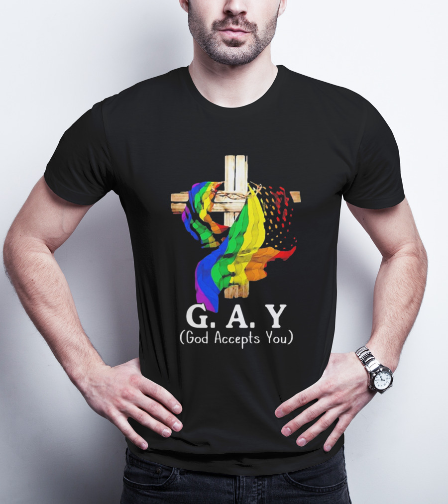 GAY Pride Cross God Accepts You Rainbow Flag T-Shirt