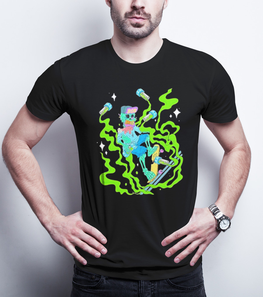 Toxic Skulls Club Bobburnquist Skateboarding Skeleton With Green Smoke And Skateboard T-Shirt