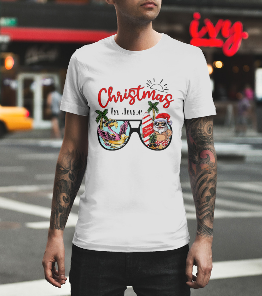 Christmas In June Sunglasses Santa Flamingo Merry Christmas Summer Vacation T-Shirt
