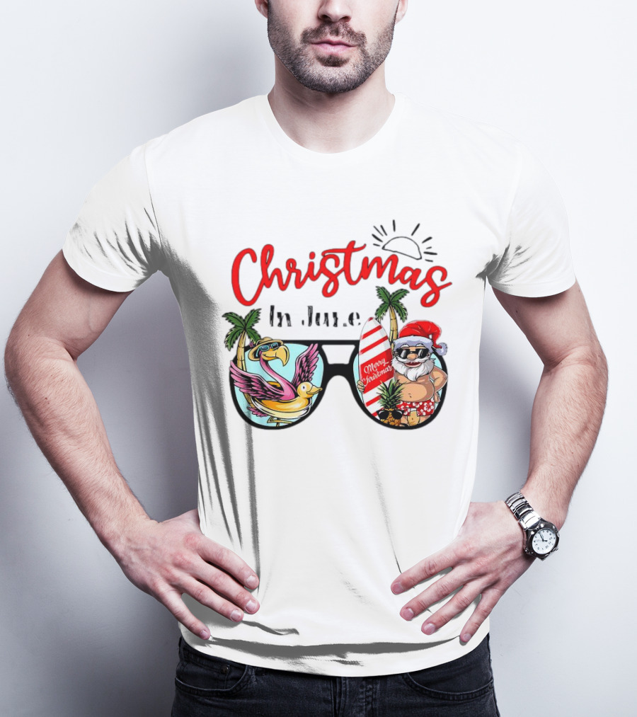 Christmas In June Sunglasses Santa Flamingo Merry Christmas Summer Vacation T-Shirt