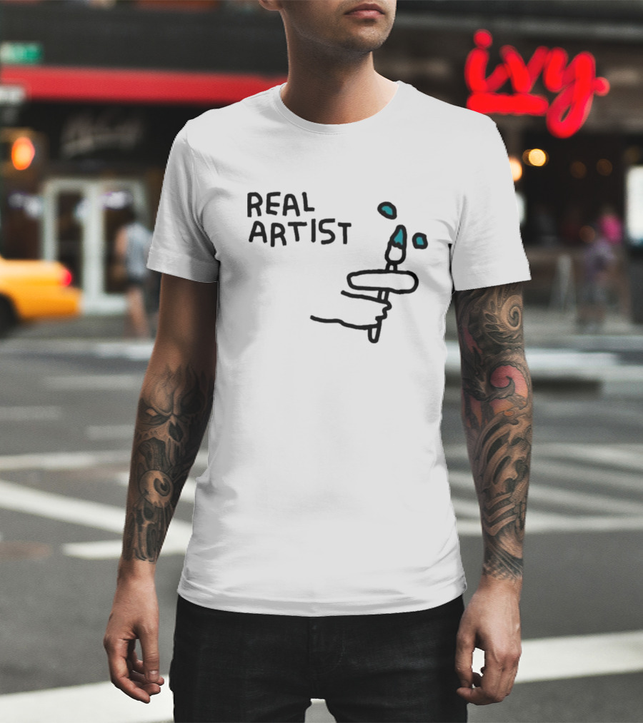 REAL ARTIST Paint Brush Hand Drawing Blue Paint Drops T-Shirt