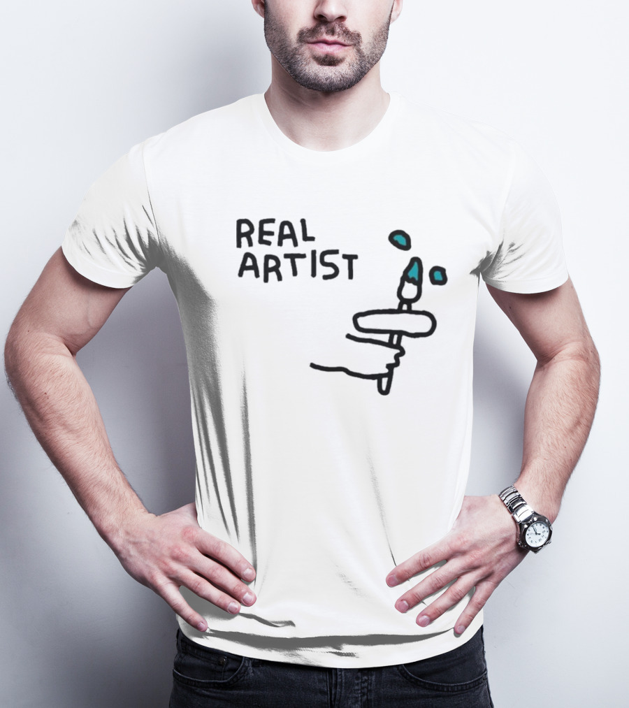 REAL ARTIST Paint Brush Hand Drawing Blue Paint Drops T-Shirt