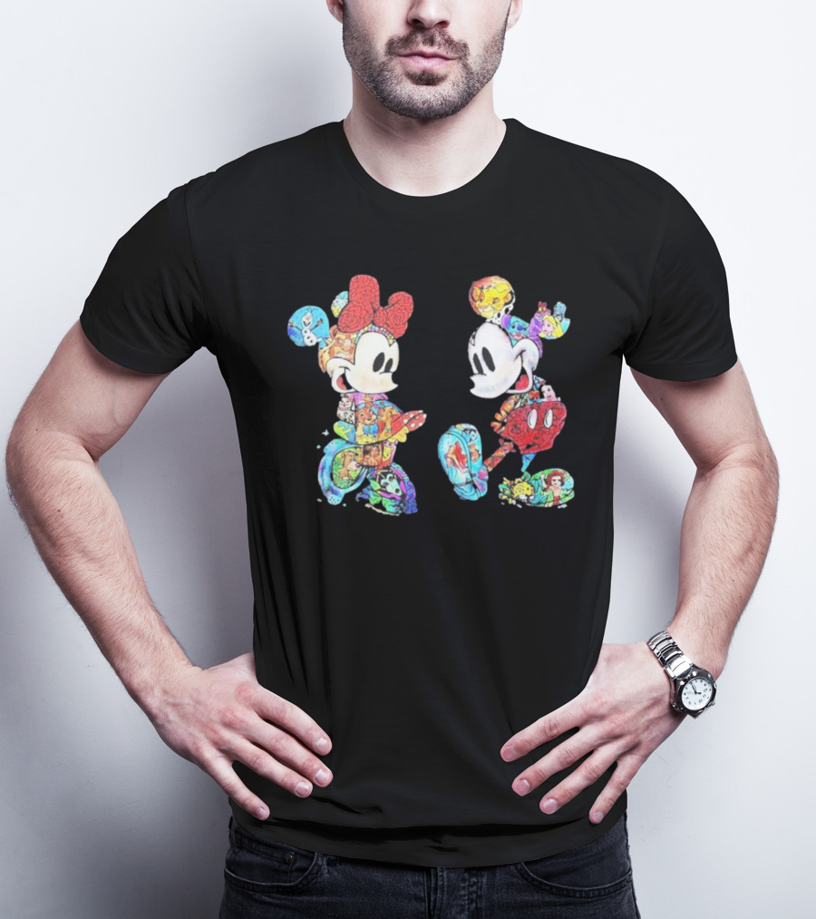 Couple Mickey Minnie Disney Characters Collage T-Shirt
