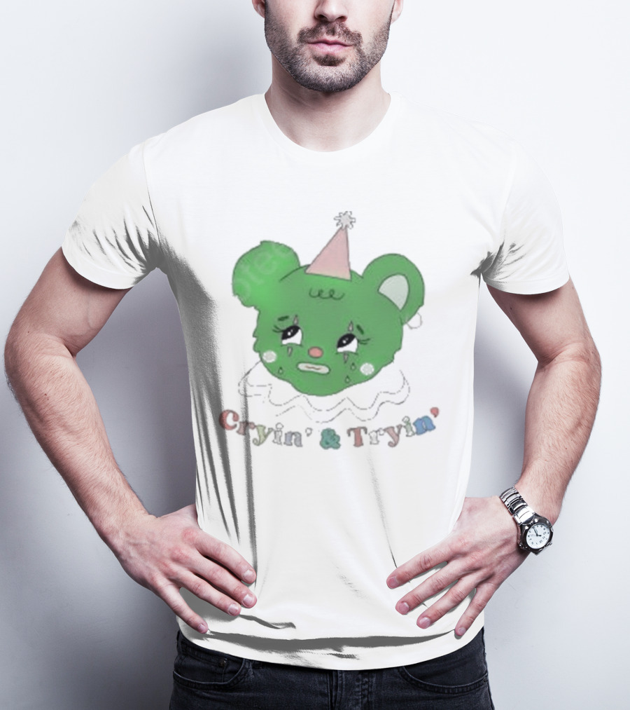 Smilecult Merch Cryin’ And Tryin’ Sad Bear With Party Hat T-Shirt