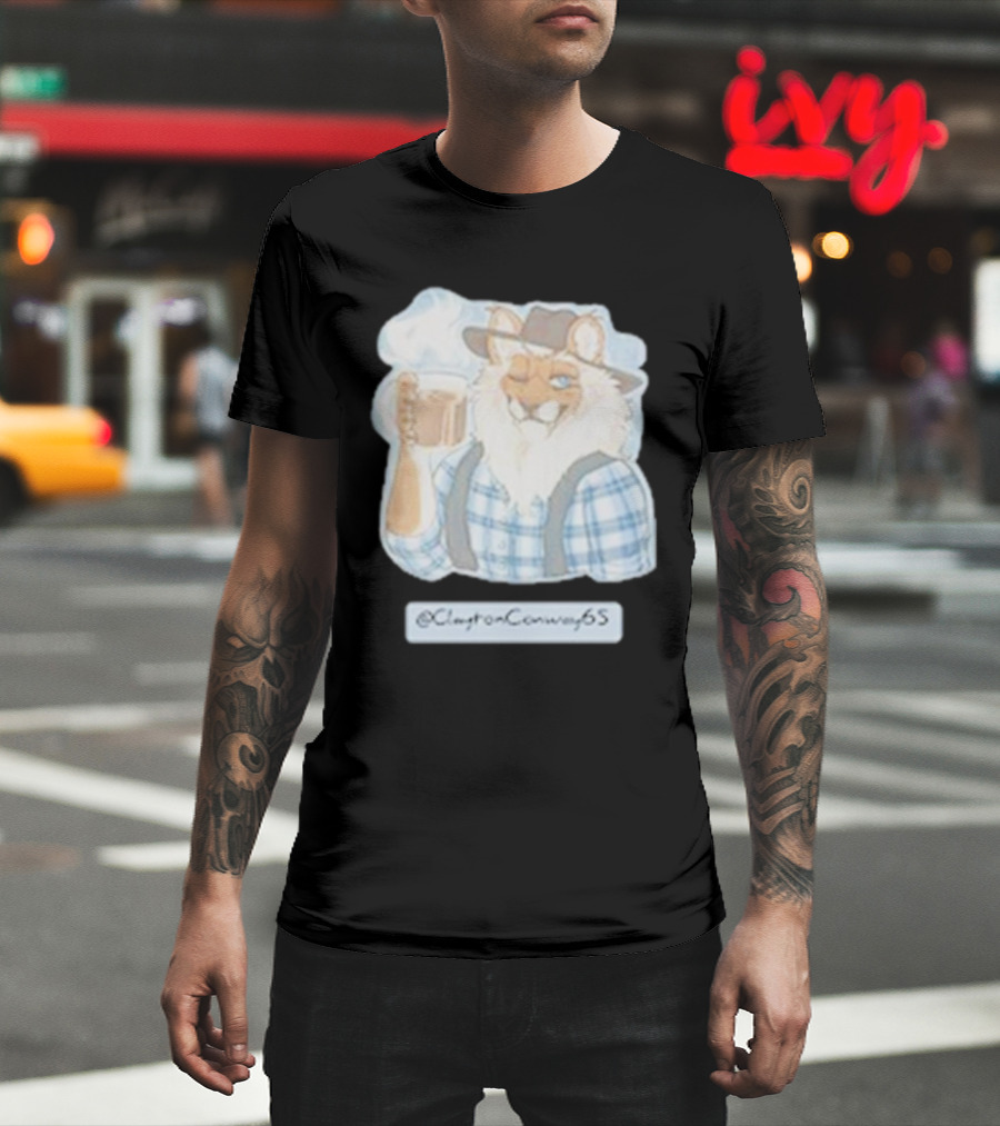 Clayton Conway 65 @ClaytonConway65 Cat In Plaid With Hat Holding Coffee T-Shirt
